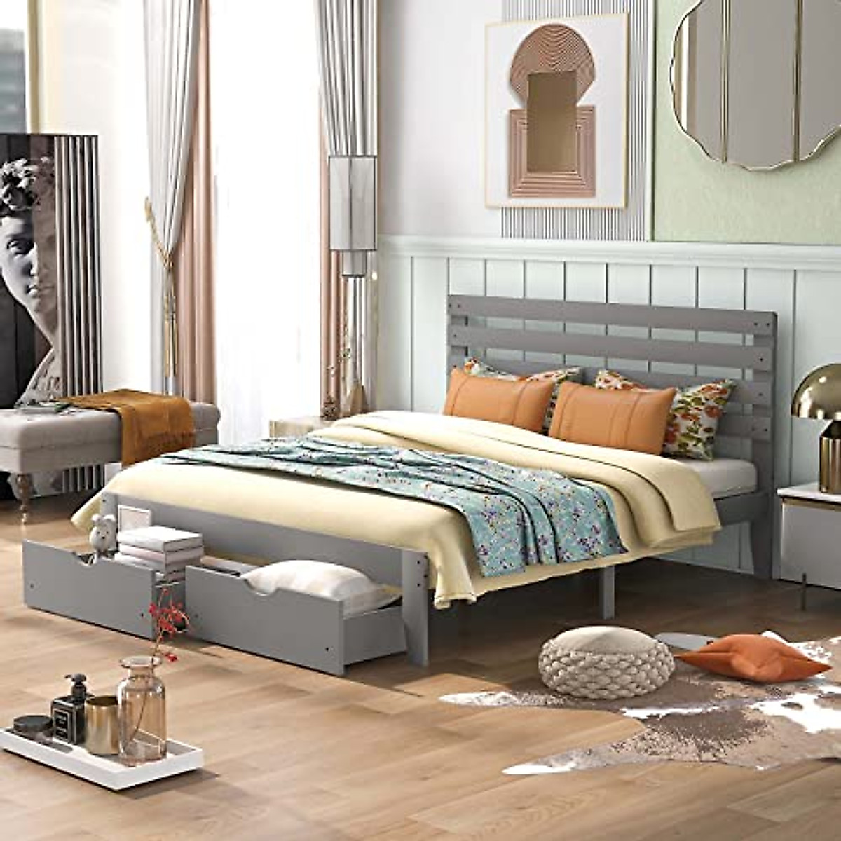 Queen Size Wood Platform Bed Frame with 2 Storage Drawers, Modern Classic Platform Bed with Headboard, Wood Slats Support, No Box Springs Needed for Bedroom Girls Boys (Grey)