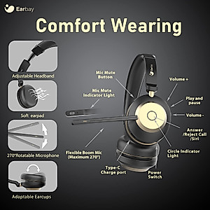 Earbay Bluetooth Headset, Wireless Headset with Microphone for PC, Wireless Headphones with Mic Noise Cancelling/Mute/Charging Dock/USB Dongle, 45hrs Dual Connect Computer Phones Teams Skype Zoom