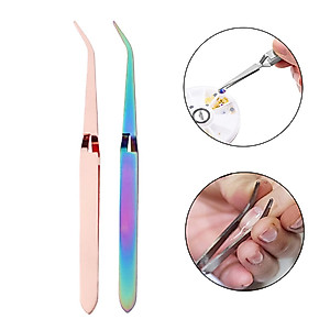 Jualyue Nail Art Tweezers Set Stainless Steel Tip C Curve Pinchers Sculpture Clip Manicure Pointed Slant Tool for Nail Art 2pcs, Curved Nail Tweezers, Nail Tweezers Nipper, Nail Tweezers
