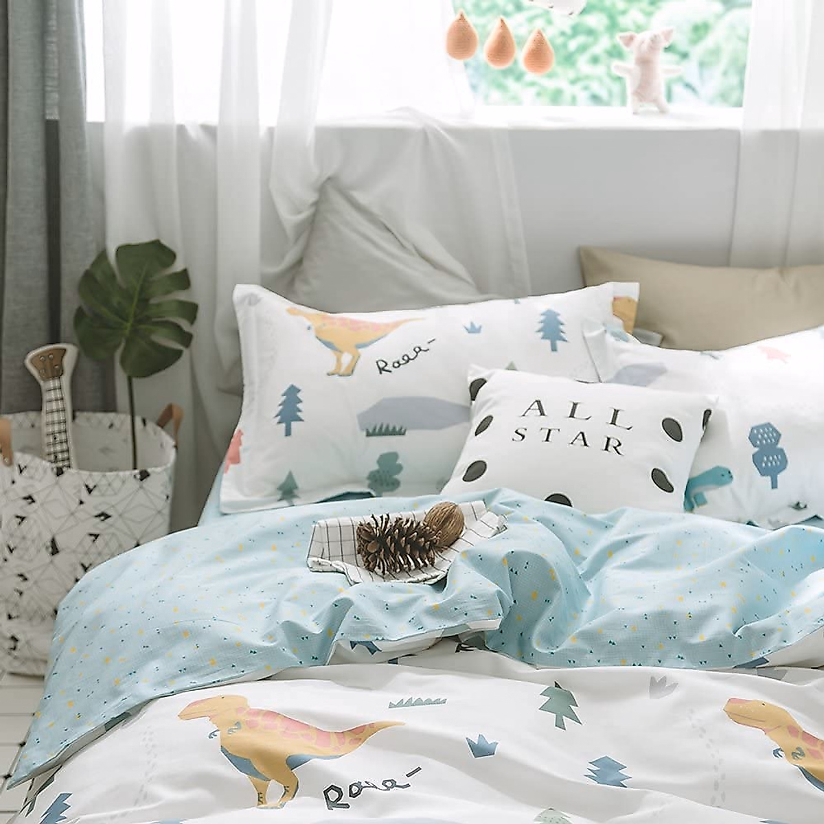 BuLuTu Dinosaur Kids Bedding Sets Twin Cotton,3 Pieces Premium Soft Reversible Dino Forest Print Teen Boys Girls Twin Duvet Cover Set Cotton with Zipper Closure and Ties,NO Comforter