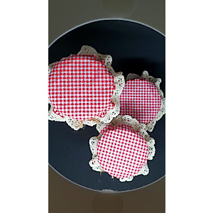 DLK - 10 pieces Elasticated Jar Cover Cloth - 100% Cotton Jar Cover Cloth - Stretchy Red Gingham (Checkered) Pattern - Breathable Fermentation Lid Bowl - Reusable Elastic Cloth Jar Covers