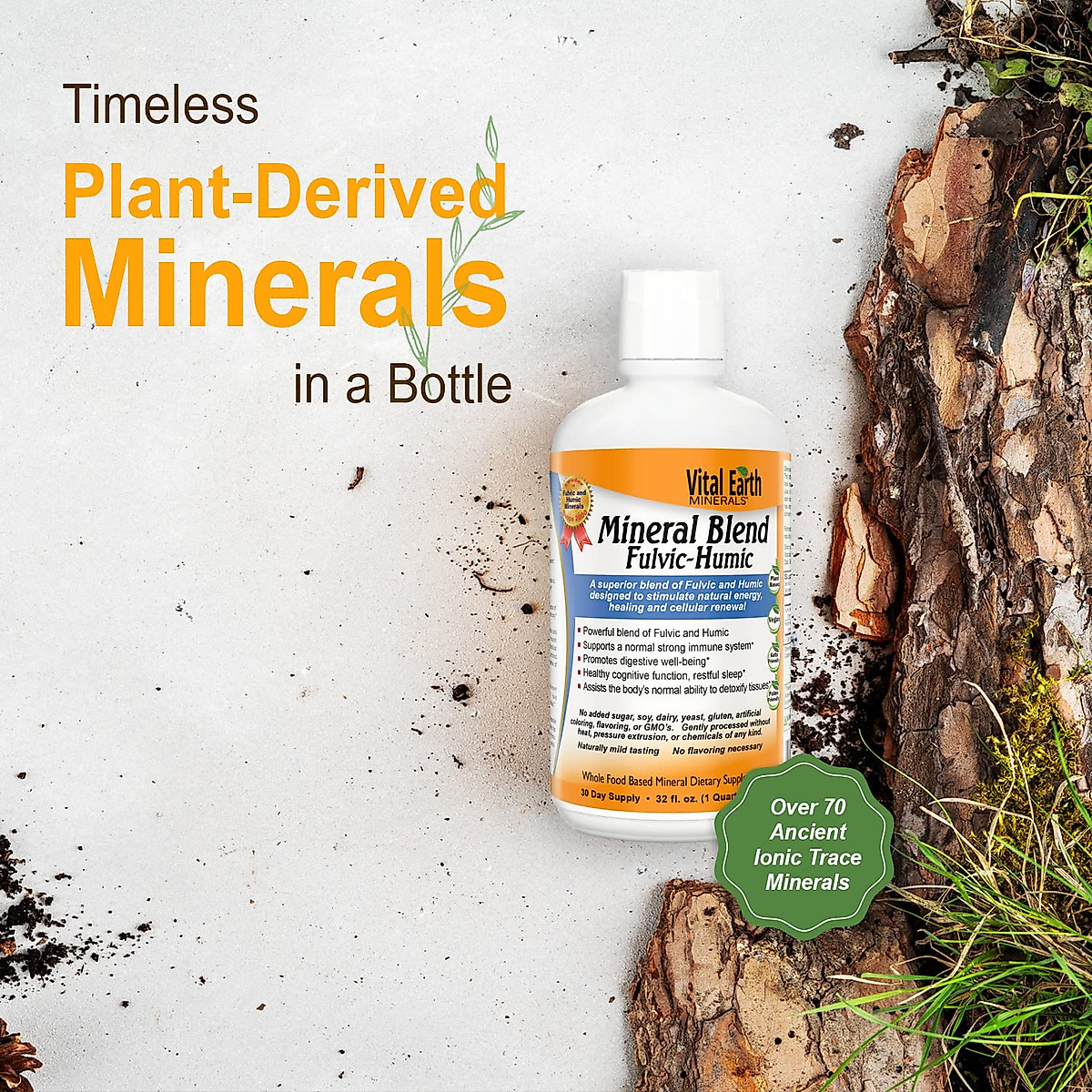 Vital Earth Minerals Fulvic Humic Mineral Blend Liquid 2-Pack – Fulvic Acid Supplement with 70+ Trace Minerals, Electrolytes for Recovery, Balance & Energy, 32 Oz Ea + 1 Oz Cup Ea