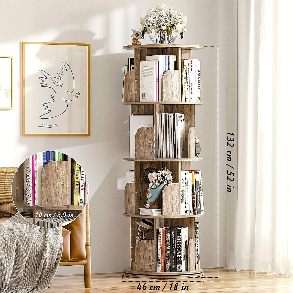 GOOFCXO 4 Tier Rotating Bookshelf, 360° Revolving Bookcase Wood Rotating Stackable Shelves Floor-Standing Storage Display Rack Used in Bedrooms Living Rooms Study Office (52"x18"x18")