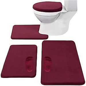 Madeals Memory Foam Bathroom Mat Set 4 Piece with Toilet Lid Cover and Rug Set Combo, Bath Mat Set 3 Piece and U-Shaped Toilet Floor Rug Burgundy