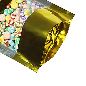 Pack of 100 Shiny Glossy Color w/Clear Window Stand-Up Heat Sealable Zip Top Bags (Shiny Gold w/Window, 10x15cm (4x6"))