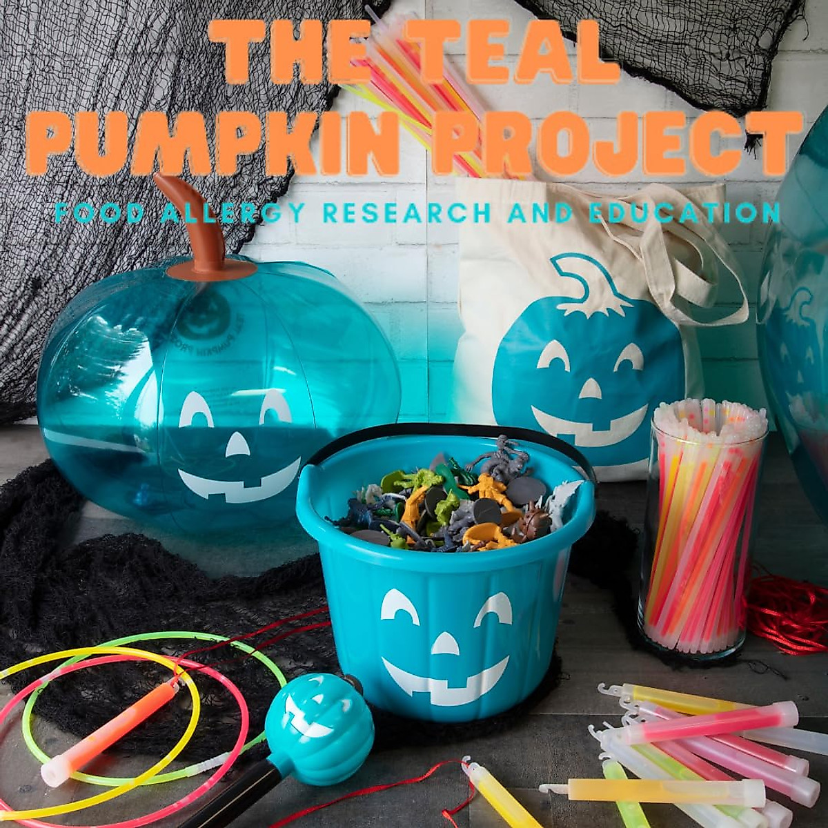 Teal Pumpkin Halloween Trick or Treat Bucket 8.5 in (1 Pack)-Official Teal Pumpkin Project Allergy-Friendly Candy Pail Accessory and Party Decoration Supplies, Haunted House Plastic Bowl w Handle