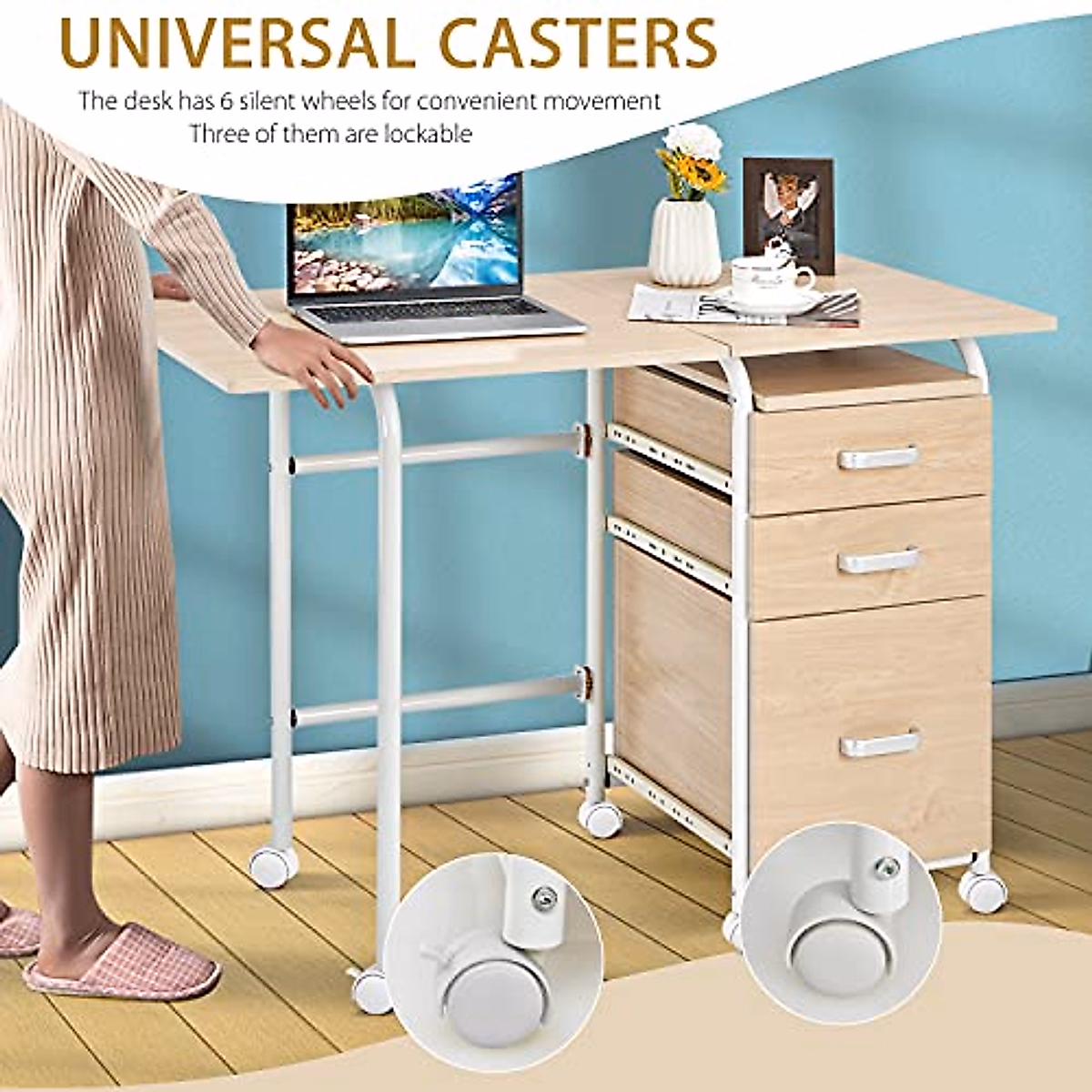 Tangkula Folding Computer Desk with 3 Storage Drawers, Mobile Home Office Desk Study Writing Desk with Smooth Wheels, Space Saving Compact Desk for Dorm Apartment, Rolling Folding Desk Table