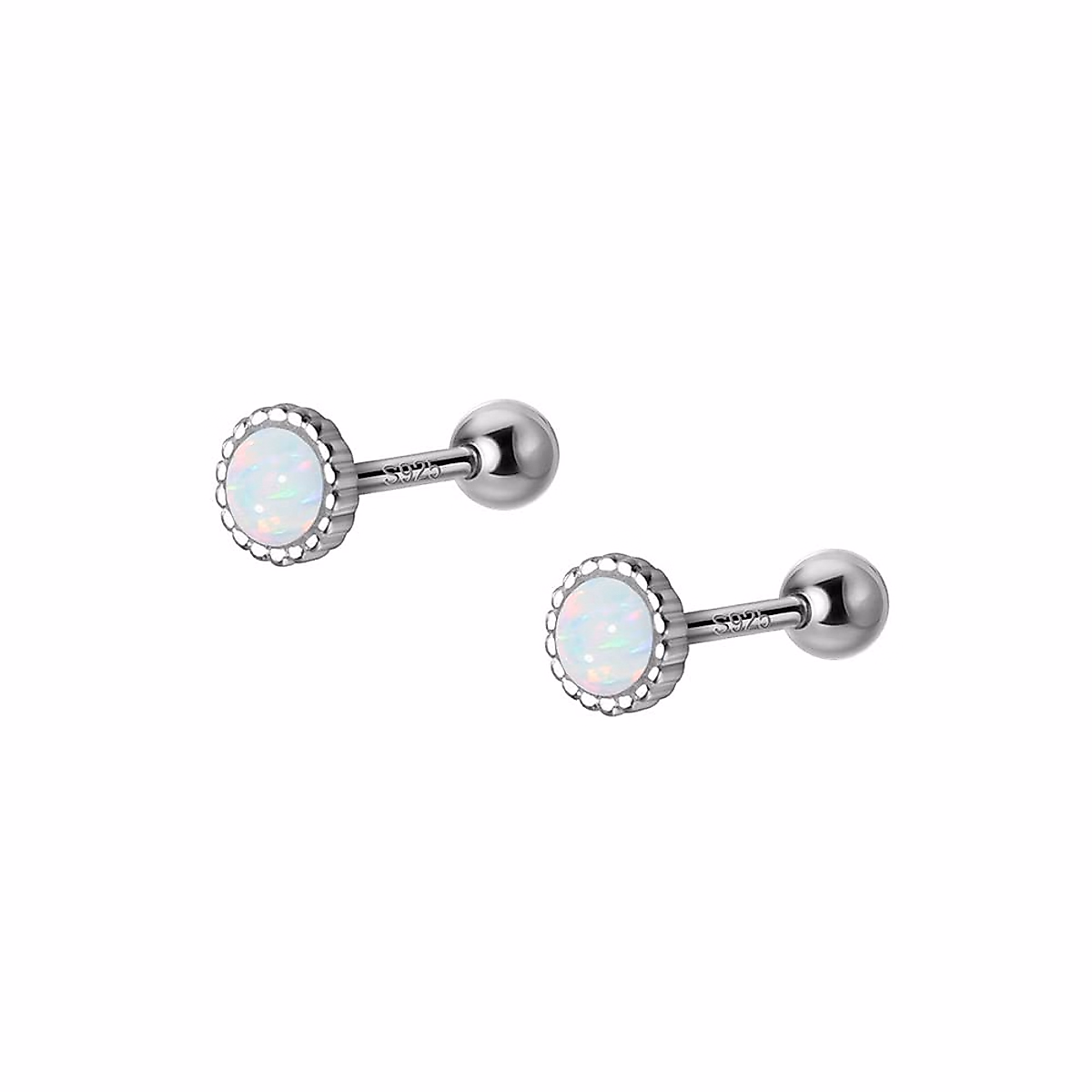 18G Fashion Opal Round Cartilage Stud Earrings 925 Sterling Silver Minimalist Helix Tragus Piercing Studs Daith Conch Earring Barbell Post Hypoallergenic for Women (White Opal)
