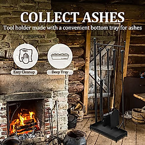 Fireplace Tools Set, 5PCS Black Fireplace Fire Pit Tools, Wrought Iron Fire Place Accessories Ergonomic Handles Outdoor Modern Contemporary Tool, Stand for Outdoor Indoor Chimney, Hearth, Stove, Firep