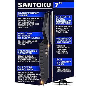 Dalstrong Shadow Black Series Black Titanium Nitride Coated High Carbon 7CR17MOV-X Vacuum Treated Steel Santoku Kitchen Knife, 7 Inches, Sheath Included