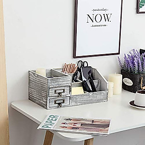 Distressed Rustic Wooden Office Desktop Organizer Wood Shelf Tabletop Home Organizer Storage with Multiple Compartments 2 Tier Drawers,perfect Jewelry storage Display Box for Desk, Vanity (gray)