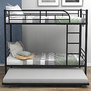 Heavy Duty Metal Bunk Bed Twin Over Twin Bunk Bed with Trundle Bed, Kids Bunk Bed with Ladder and Guardrails, Twin Bunk Beds for Kids, Boys, Girls, Teens, Black Bunk Bed Twin Size