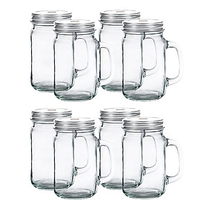 Simple Elements Mason Jar with Handle and Lid with Straw Hole - Mason Jars for beverages, drinks, liquor, juice or water - 3"W x 5.5"H - 12 oz - Set of 8