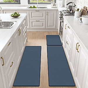DEXI Kitchen Rugs and Mats Cushioned Anti Fatigue Comfort Runner Mats for Floor Rugs Waterproof Standing Rugs Set of 3, 17"x29"+17"x59"+17"x59" Navy Blue