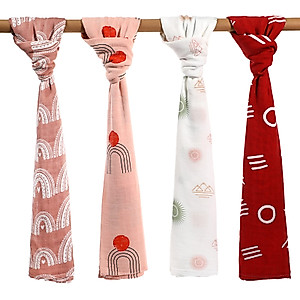 Tatuo 8 Pcs Baby Receiving Blanket Cotton 47 x 47 Inches Muslin Swaddle Blankets 4 Headband 4 Baby Swaddle for Newborns Accessories Set Breathable Soft Flamingo Flower Blankets(Boho Rainbow)