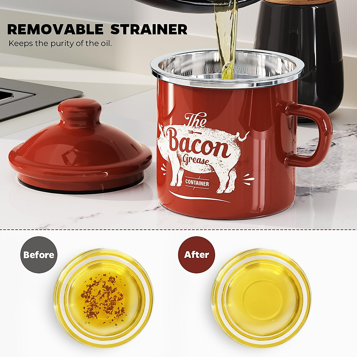 PGYARD Mini Bacon Grease Container With Strainer - 15OZ Enamel Grease Saver, Farmhouse Bacon Grease Keeper For Kitchen Fat Storage, Dishwasher Safe-Red
