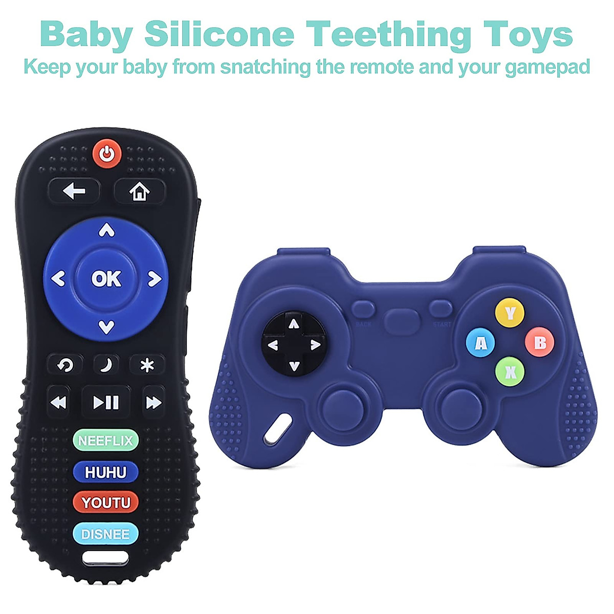 PlamPlam Baby Teether Toys - TV Remote Control and Gamepad Shape Silicone Toddler Teething Pacifiers Girl Boy Teethers for Babies 3 6 12 Months (Black+Blue)