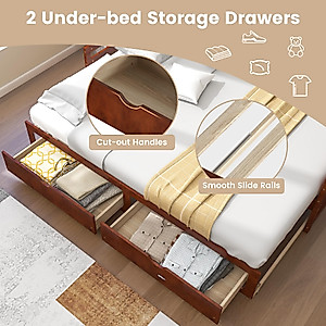 KOMFOTT Wood Daybed with Trundle, Extendable Twin to King Daybed Frame with 2 Storage Drawers, Space Saving Dual-use Sofa Daybed for Bedroom, Guest Room, No Box Spring Required (Walnut)