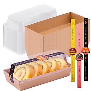 Lainrrew 50 Sets Roll Cake Box, Swiss Roll Plastic Containers Sandwich Paper Box with Clear Lids Muffin Cheese Pastry Dessert Box Sushi Fruits Display Food Storage Holder Cupcake Container Box