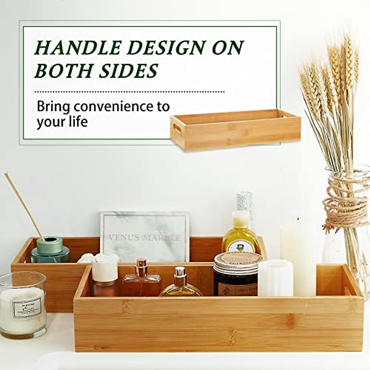 2 Pcs Bamboo Toilet Tank Tray Bathroom Trays Bamboo Bathroom Organizer Wood Toilet Paper Basket with Handles Bamboo Bathroom Box with 10 Pcs Silicone Non Slip Pad for Bathroom Accessories