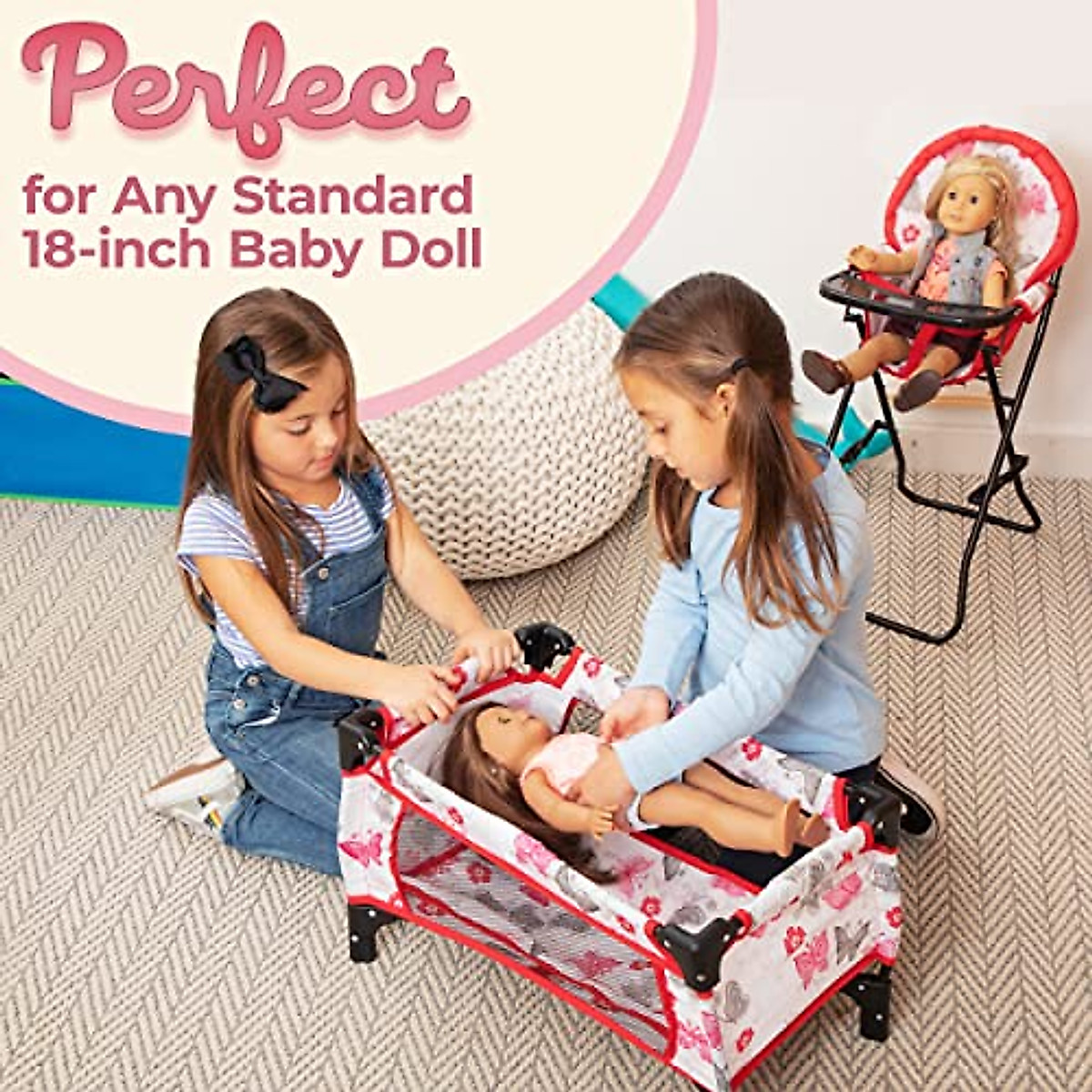 Litti Pritti Baby Doll Accessories Set - 4-Piece Baby Doll Furniture Set for 18 inch Dolls - Baby Doll Nursery Playset includes Baby Doll Swing, High Chair, Pack-N-Play & Carrier - Baby Doll Stuff