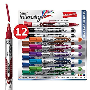 BIC Intensity Advanced Colorful Dry Erase Markers, Fine Bullet Tip, 12-Count Pack of Assorted Colors, Whiteboard Markers for Teachers and Office Supplies (GELIPP121-AST)