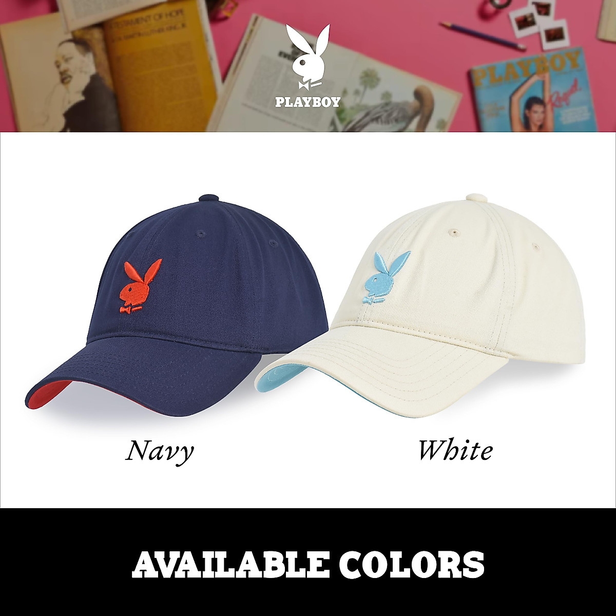 Playboy Dad Hat, Cotton Twill Adjustable Baseball Cap with Curved Brim, Off White, One Size