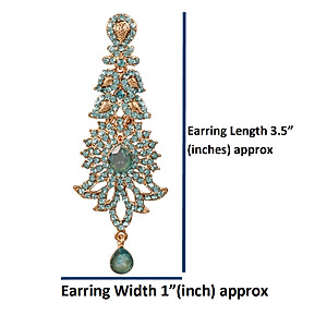 Touchstone Hollywood Glamour Oscar Collection Extra Long Chandelier Earrings, Indian Paisley Motif Filigree Turquoise Blue Rhinestones, Designer Bridal Jewelry, Antique Gold Tone