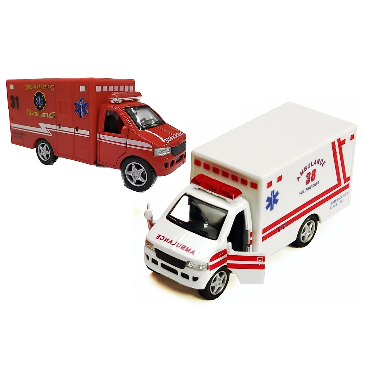 KiNSMART SetOf2 Rescue Team Ambulance 5" Die Cast Metal Cabin w/Pullback Action