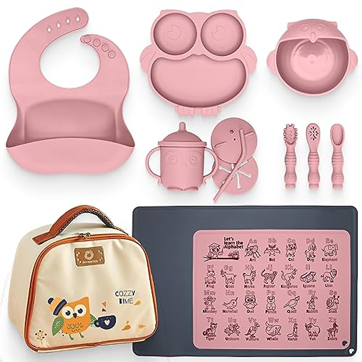GIVWATER Owl-Themed Baby Led Weaning Supplies with Reusable Travel Cooler Bag, 16 pcs Silicone Baby Feeding BLW Set (Light Pink)