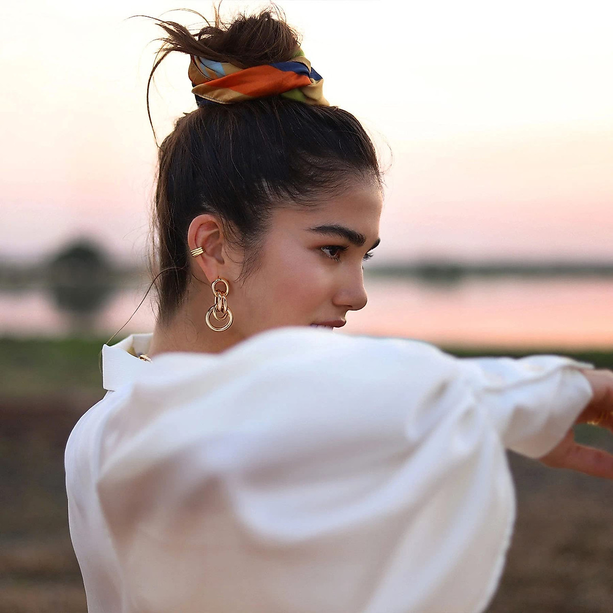 PERNNLA PEARL 18K Gold Drop Dangle Earrings for Women Dainty Long Circle Geometric Earring Big Boho Statement Earrings Women Jewelry