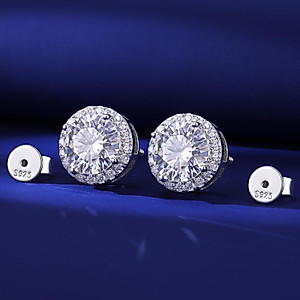 Moissanite Halo Stud Earrings Screw Back 0.2CT 3MM*2 18K White Gold Plated 925 Sterling Silver Lab Round Cut Brilliant D Color VVS1 Clarity Moissanite Halo Earrings for Women Men