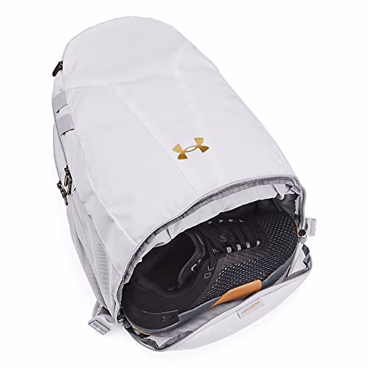 Under Armour Hustle 5.0 Team Backpack, (100) White / / Metallic Gold, One Size Fits All