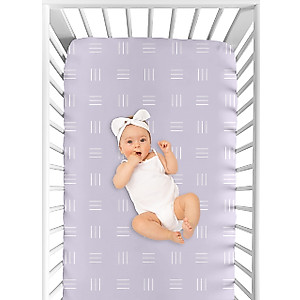 Sweet Jojo Designs Lavender Purple Boho Mudcloth Girl Fitted Crib Sheet Baby or Toddler Bed Nursery - Light Lilac and White Bohemian Woodland Tribal Southwest Mud Cloth Hatch Triple Line Shabby Chic