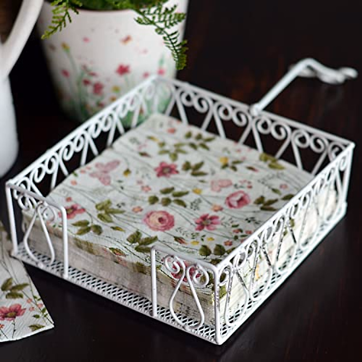 French Country Style Flat Napkin Holder with Flip Bar, Metal, Arabesque Details, Shabby White Finish, 7 x 7 Inches