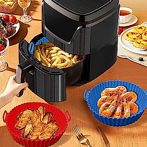 2-Pack Air Fryer Silicone Liners Pot for 3 to 5 QT, Air Fryer Silicone Basket Bowl, Reusable Baking Tray Oven Accessories (Top 8in, Bottom 6.75in,Red and Blue)