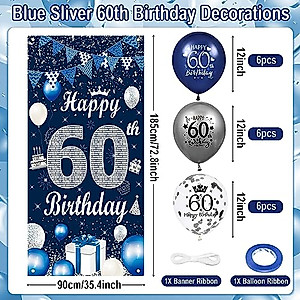 60th Birthday Decorations for Men Navy Blue Silver Happy 60th Birthday Door Banner Cover and 18Pcs Blue Silver 60th Birthday Balloons for Men Women 60th Birthday Party Decorations