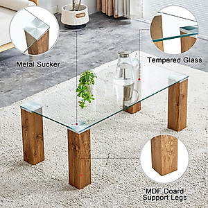 CIATRE Glass Coffee Table, Modern Tempered Clear Coffee Tables with Solid Wood Legs Decor for Living Room, Modern Small Glass Living Room Tables，44.9"*21.7"*16.9"