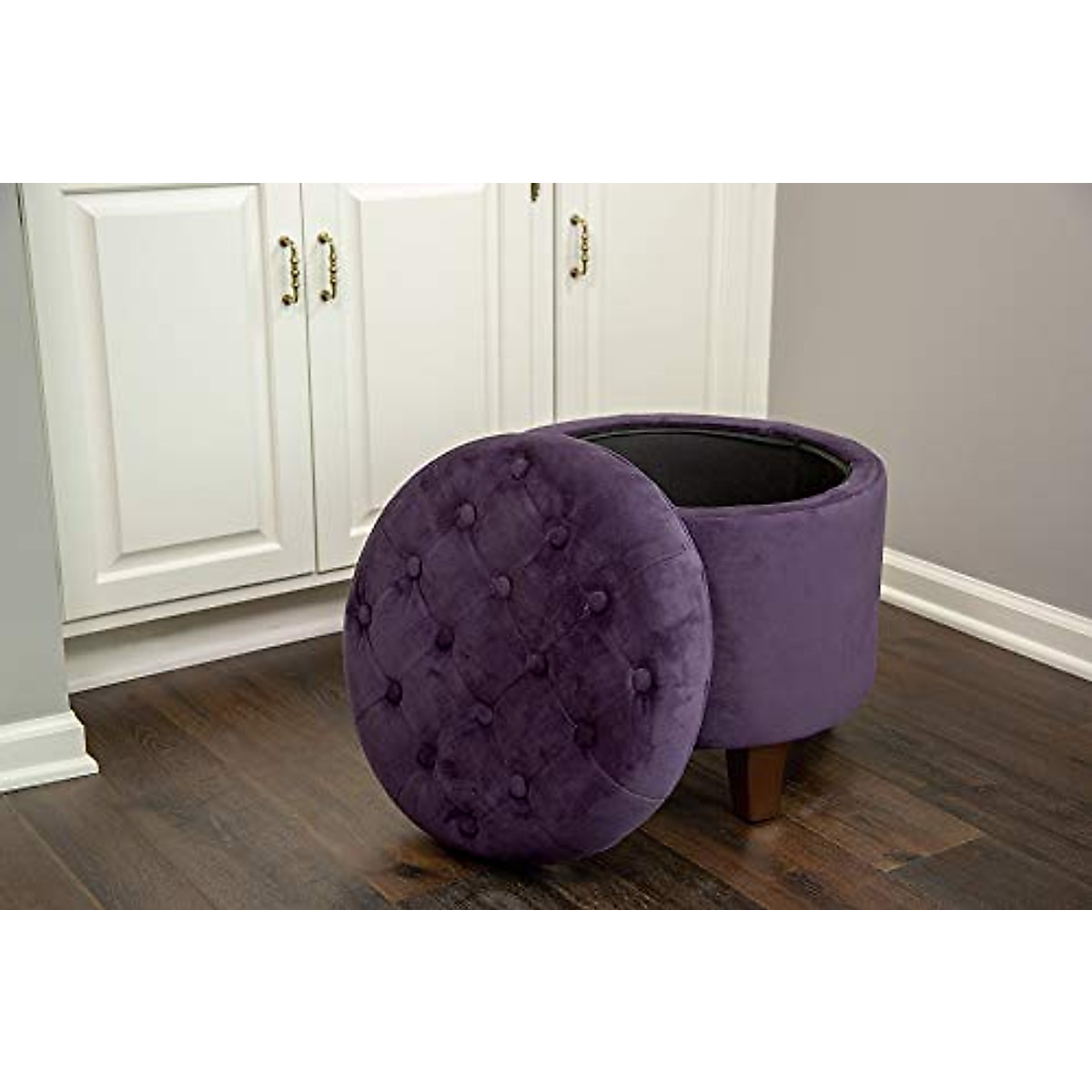 HomePop Velvet Tufted Round Storage Ottoman with Removable Lid, Purple