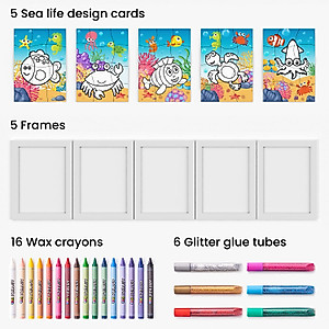 Arteza Kids Coloring Puzzle Kit, 5 Sea Life Puzzles, 16 Crayons, 6 Tubes of Glitter Glue, 5 Frames, DIY and Screen-Free Kids’ Activities, Craft and Art Supplies for Ages 3 and Up