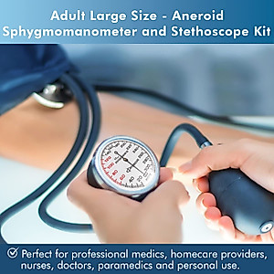 NOVAMEDIC Large Adult Size Self Taking Blue Blood Pressure Machine and Stethoscope Kit, Manual BP Monitor with Adjustable Upper Arm Cuff for Monitoring High Blood Pressure, Includes Carrying Case