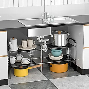 Summer&Kiss Expandable Under Sink Organizers and Storage，2-Tier Cabinet Metal Shelf Organizer with 8 Removable Panels, Black Under Sink Storage Rack for Kitchen Bathroom