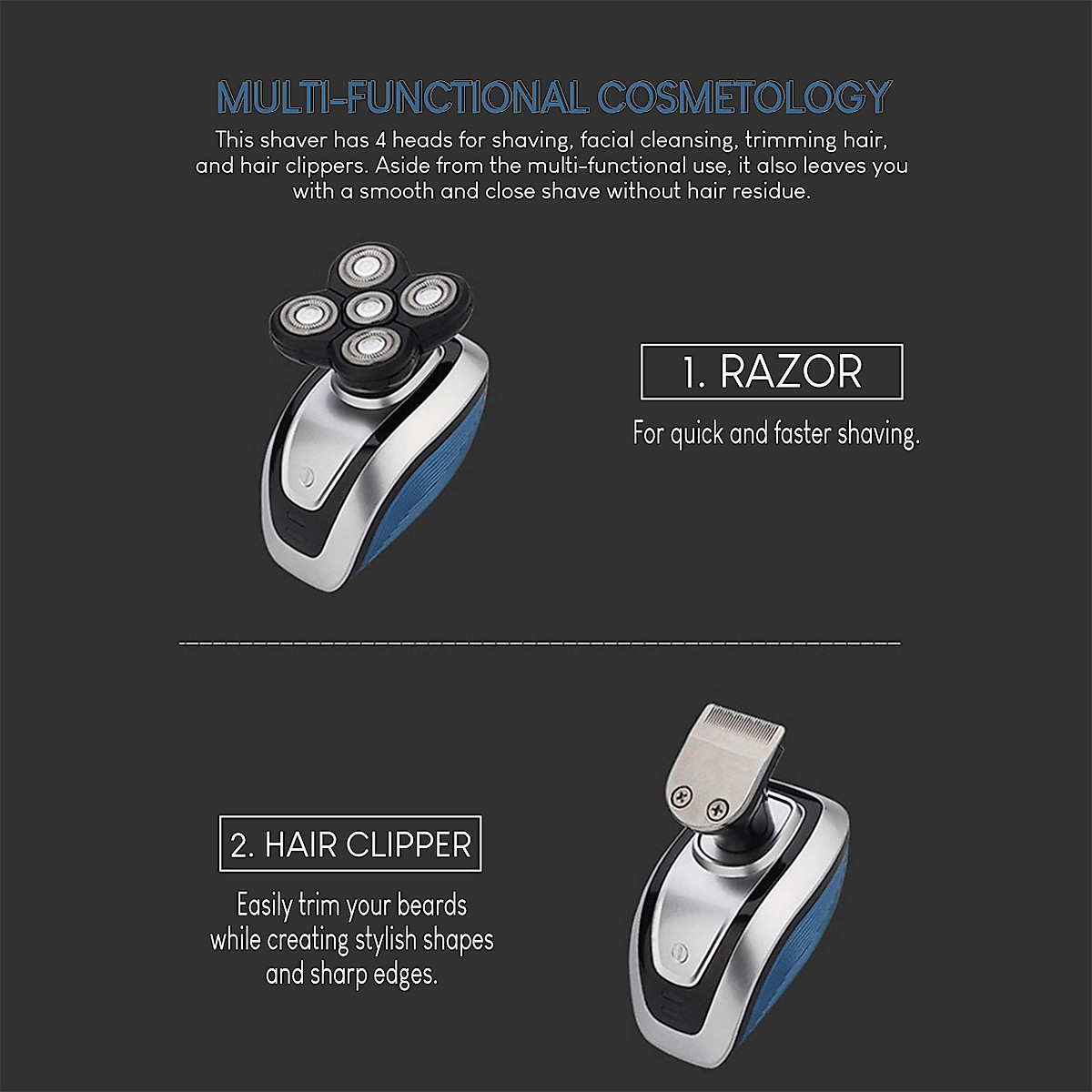 Head Shaver for Bald Men | Instant Electric Skull Razor | 4 in 1 Beard Nose Hair Trimmer Clipper | Rechargeable Cordless Waterproof Wet Dry Grooming Kit (Silver)