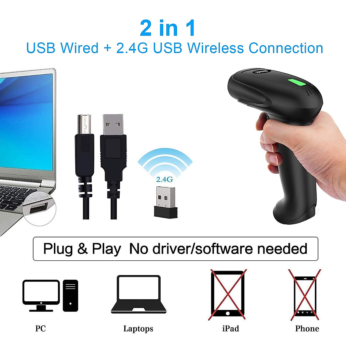 USB Wireless Barcode Scanner with Stand,Symcode Barcode Scanner Wireless Versatile 2-in-1 (2.4Ghz Wireless+USB 2.0 Wired) Rechargeable Cordless 1D Barcode Reader USB Handheld Bar Code Scanner Wireless