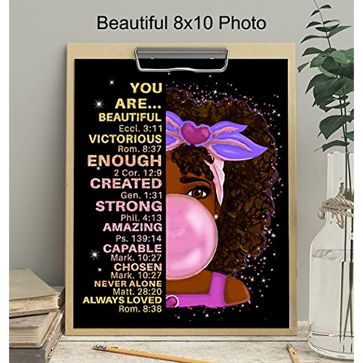 Black African American Girl Wall Art & Decor - Black Art - Positive Affirmations - Christian Bible Verses - Inspirational Positive Quotes - Pink Little Girls Bedroom Decor - Toddler Girls Bedroom