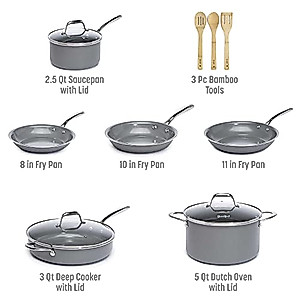 Goodful Ceramic Nonstick Pots and Pans Set, Titanium-Reinforced Premium Nonstick Coating, Dishwasher Safe Pots and Pans, Tempered Glass Steam Vented Lids, Stainless Steel Handles, 12-Piece, Gray