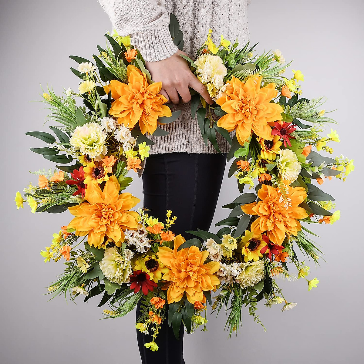 TechKen Door Wreath for Spring Summer Dahlia Wreath with Blossom Yellow & Orange Farmhouse Wreath on Grapevine for Front Door, Wall, Window Wreath 22-24inch
