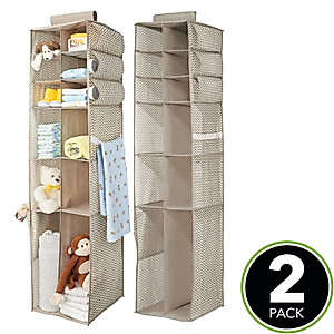 mDesign Long Soft Fabric Over Closet Rod Hanging Storage Organizer with 12 Divided Shelves, Side Pockets for Child/Kids Room or Nursery, Store Diapers, Wipes, Lotions, Toys - 2 Pack - Taupe/Natural