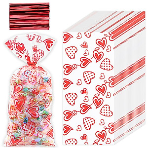 Boerni Valentine Cellophane Plastic Candy Cookie Treat Goodies Gift Heart Bags 120pcs And Gold Twist Ties for Valentine Party Supplies