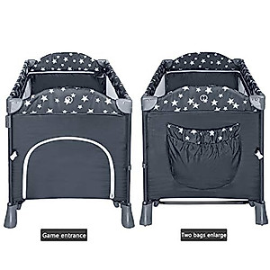 Heyo.Ja Portable Baby Playard, 4 in 1 Convertible Pack and Play with Bassinet, Nursery Center with Comfortable Mattress, 5 Height Adjustable Bedside Crib (Grey)